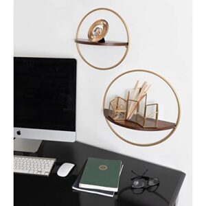 Kate and Laurel Maxfield Mid-Century Wall Shelf, Set of 2, Walnut and Gold, Chic Round Wall Decor for Storage and Display