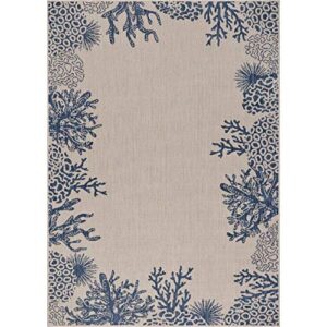 lr home ox bay seamas coastal bordered coral reef indoor/outdoor rug, white/navy, 1’10” x 3’0″