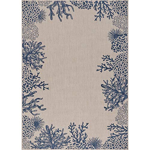 Lr Home Ox Bay Seamas Coastal Bordered Coral Reef Indoor/Outdoor Rug, White/Navy, 1'10" x 3'0"