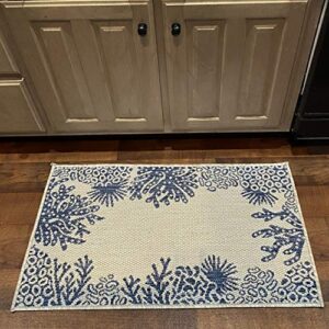 Lr Home Ox Bay Seamas Coastal Bordered Coral Reef Indoor/Outdoor Rug, White/Navy, 1'10" x 3'0"