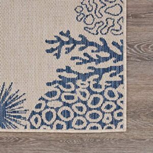 Lr Home Ox Bay Seamas Coastal Bordered Coral Reef Indoor/Outdoor Rug, White/Navy, 1'10" x 3'0"