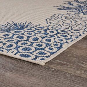 Lr Home Ox Bay Seamas Coastal Bordered Coral Reef Indoor/Outdoor Rug, White/Navy, 1'10" x 3'0"