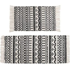 nicunom 2 piece boho bathroom rug, 2’x4.2’+2’x3′ geometric bath mat, woven cotton rug with tassels farmhouse runner rugs machine washable boho carpet for living room kitchen floor laundry room