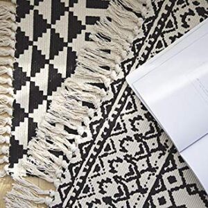 Nicunom 2 Piece Boho Bathroom Rug, 2'x4.2'+2'x3' Geometric Bath Mat, Woven Cotton Rug with Tassels Farmhouse Runner Rugs Machine Washable Boho Carpet for Living Room Kitchen Floor Laundry Room