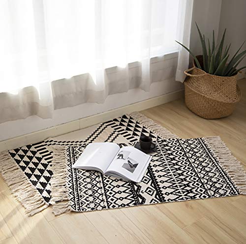 Nicunom 2 Piece Boho Bathroom Rug, 2'x4.2'+2'x3' Geometric Bath Mat, Woven Cotton Rug with Tassels Farmhouse Runner Rugs Machine Washable Boho Carpet for Living Room Kitchen Floor Laundry Room