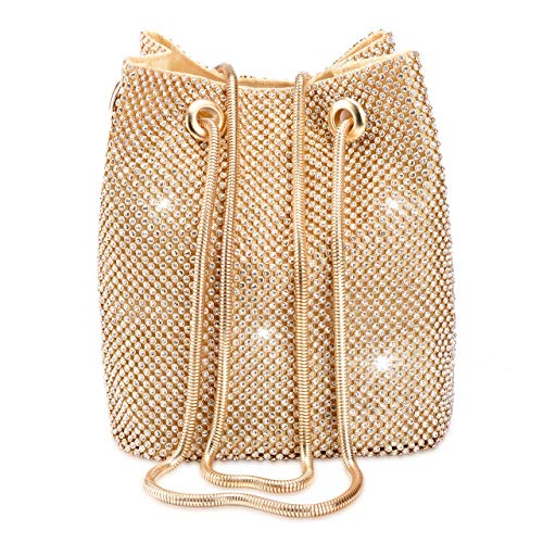 Women Rhinestones Crystal Clutch Evening Bags Bucket Bag Party Prom Wedding Shoulder Cross-body Purses (Gold,Mini)