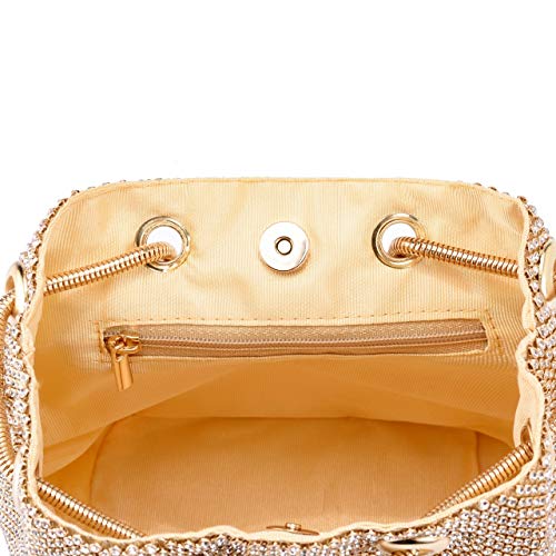 Women Rhinestones Crystal Clutch Evening Bags Bucket Bag Party Prom Wedding Shoulder Cross-body Purses (Gold,Mini)