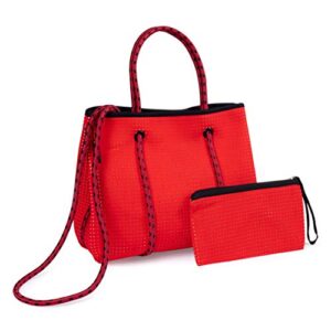 somewhere haute medium perforated neoprene tote with crossbody strap for women (bright red)