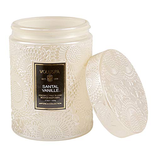 Voluspa Santal Vanille Candle | Small Glass Jar with Matching Glass Lid | 5.5 Oz | All Natural Wicks and Coconut Wax for Clean Burning | Vegan