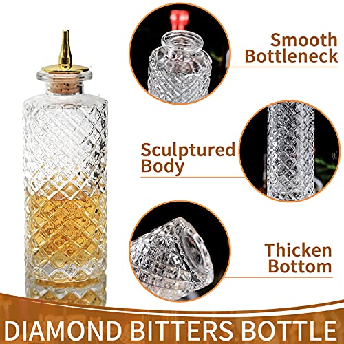 Suprobarware Bitters Bottle - Diamond Bitter Bottle for Cocktail, 5.8oz / 170ml, Glass Dashes Bottle with Zinc Alloy Dasher Top - NKJP0001