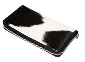 womens zipper wristlet clutch – black white cow hide cow skin leather hand clutch zip phone wallet clutch card case 8′ x 4′ – gift for her