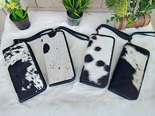 Womens Zipper Wristlet Clutch - Black White Cow Hide Cow Skin Leather Hand Clutch Zip Phone Wallet Clutch Card Case 8' X 4' - Gift for her