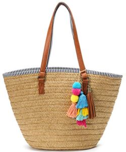 straw beach bags tote tassels bag hobo summer handwoven shoulder bags purse with pom poms