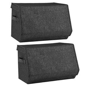 i bkgoo set of 2 stackable storage bins,linen fabric foldable storage organizer cubes box whits lids and own-handle storage organizer bins for home office nursery dark gray 15×10.5 x10inch