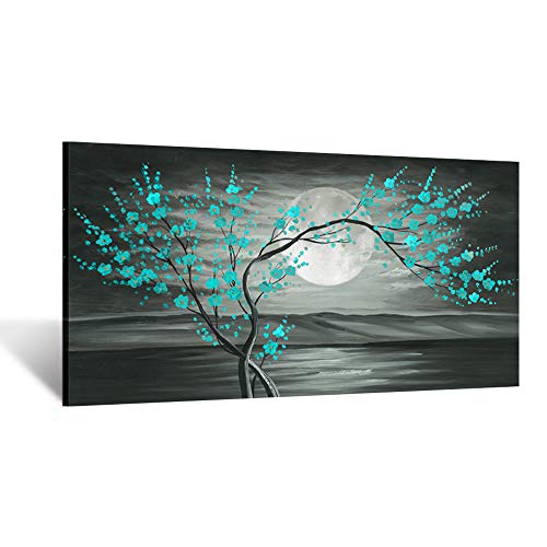 Kreative Arts Large Canvas Prints Wall Art Grey and Teal Plum Blossom Tree and Full Moon Landscape Contemporary Painting for Home Living Room Decorations 20x40inch