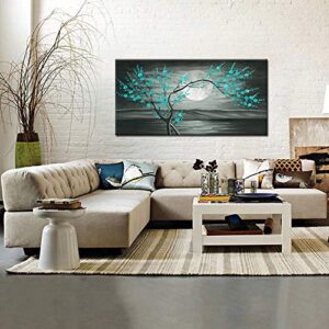 Kreative Arts Large Canvas Prints Wall Art Grey and Teal Plum Blossom Tree and Full Moon Landscape Contemporary Painting for Home Living Room Decorations 20x40inch