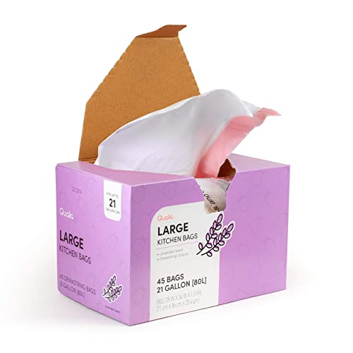 QUALIA LAVENDER SCENTED 21 Gal / 80 Liter | Drawstring Closure Trash Bag | Heavy Duty (LAVENDER, 45 BAGS), WHITE, (L10002)