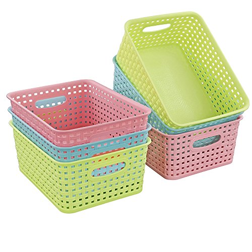 EudokkyNA Small Colored Storage Basket, Plastic Weave Basket Set of 6