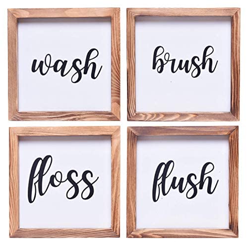 Athena's Elements Farmhouse Bathroom Wall Decor Wash, Brush, Floss, Flush Sign Modern Rustic Style Home Decoration Solid Wood Frame 32 x 7 inches or 15 x 15 inches (Set of 4)