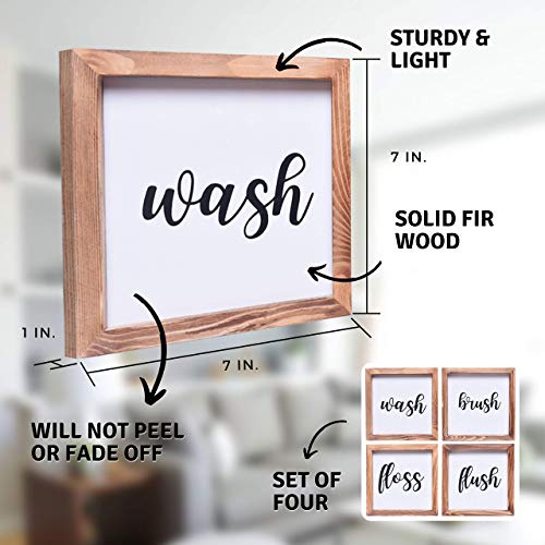 Athena's Elements Farmhouse Bathroom Wall Decor Wash, Brush, Floss, Flush Sign Modern Rustic Style Home Decoration Solid Wood Frame 32 x 7 inches or 15 x 15 inches (Set of 4)