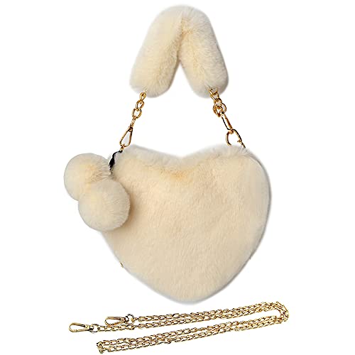 Rejolly Furry Purse for Girls Heart Shaped Fluffy Faux Fur Handbag for Women Soft Small Valentine's Day Shoulder Bag Clutch Purse with Pom Poms Creamy White