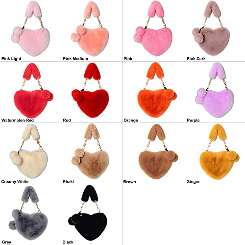 Rejolly Furry Purse for Girls Heart Shaped Fluffy Faux Fur Handbag for Women Soft Small Valentine's Day Shoulder Bag Clutch Purse with Pom Poms Creamy White