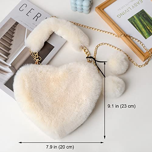 Rejolly Furry Purse for Girls Heart Shaped Fluffy Faux Fur Handbag for Women Soft Small Valentine's Day Shoulder Bag Clutch Purse with Pom Poms Creamy White