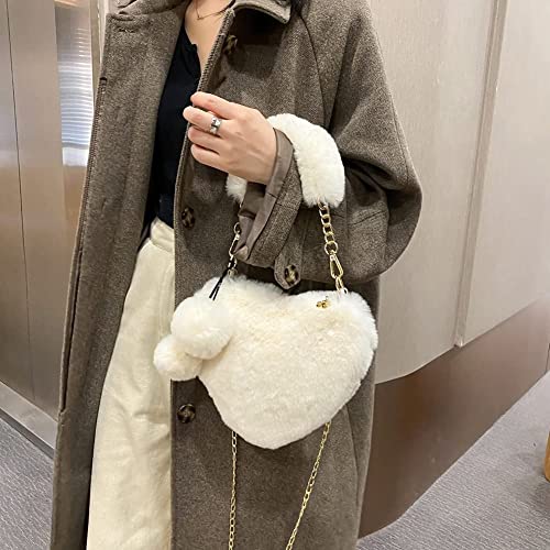 Rejolly Furry Purse for Girls Heart Shaped Fluffy Faux Fur Handbag for Women Soft Small Valentine's Day Shoulder Bag Clutch Purse with Pom Poms Creamy White