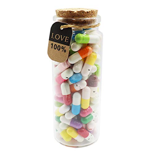 Mczxon Capsule Letters Message in a Glass Bottles, 100Pcs Cute Smiling Face Love Friendship Letter Color Pill with Wishing Bottle, Message Pills for Boys Girls Friends Family