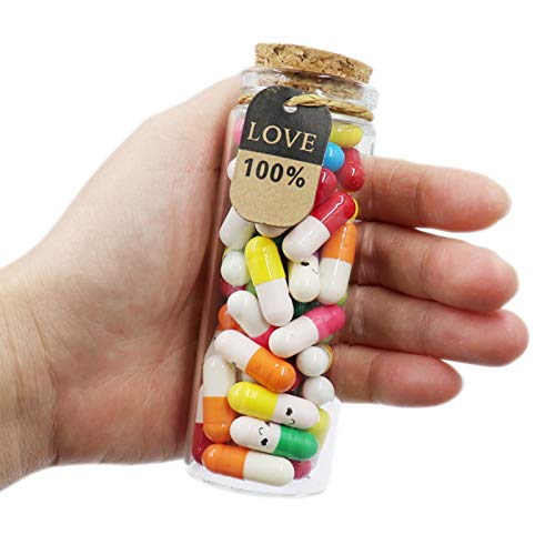 Mczxon Capsule Letters Message in a Glass Bottles, 100Pcs Cute Smiling Face Love Friendship Letter Color Pill with Wishing Bottle, Message Pills for Boys Girls Friends Family