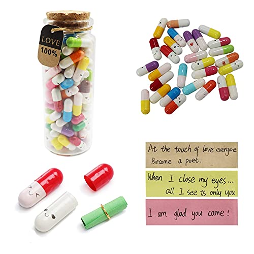 Mczxon Capsule Letters Message in a Glass Bottles, 100Pcs Cute Smiling Face Love Friendship Letter Color Pill with Wishing Bottle, Message Pills for Boys Girls Friends Family