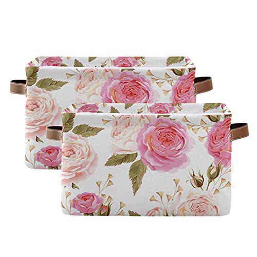 AGONA Spring Pink Rose Floral Flower Foldable Storage Bin Large Collapsible Fabric Storage Box Organizer Containers Baskets with Leather Handles for Shelves Home Bedroom Organizer Nursery Office 2 Pac