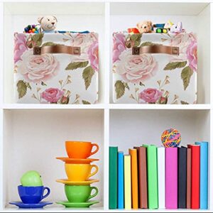 AGONA Spring Pink Rose Floral Flower Foldable Storage Bin Large Collapsible Fabric Storage Box Organizer Containers Baskets with Leather Handles for Shelves Home Bedroom Organizer Nursery Office 2 Pac