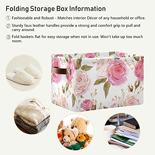 AGONA Spring Pink Rose Floral Flower Foldable Storage Bin Large Collapsible Fabric Storage Box Organizer Containers Baskets with Leather Handles for Shelves Home Bedroom Organizer Nursery Office 2 Pac