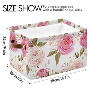 AGONA Spring Pink Rose Floral Flower Foldable Storage Bin Large Collapsible Fabric Storage Box Organizer Containers Baskets with Leather Handles for Shelves Home Bedroom Organizer Nursery Office 2 Pac