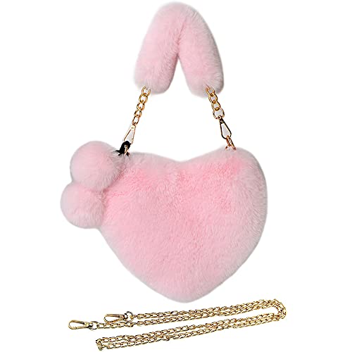 Rejolly Furry Purse for Girls Heart Shaped Fluffy Faux Fur Y2K Aesthetic Handbag for Women Soft Small Valentine's Day Shoulder Bag Light Pink