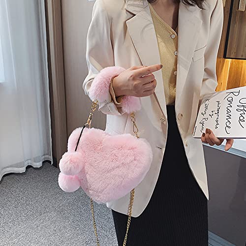 Rejolly Furry Purse for Girls Heart Shaped Fluffy Faux Fur Y2K Aesthetic Handbag for Women Soft Small Valentine's Day Shoulder Bag Light Pink