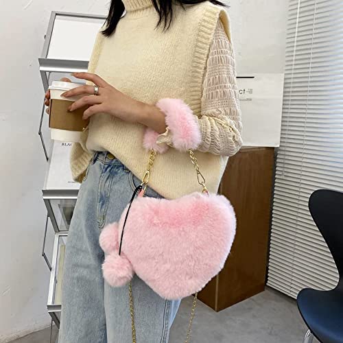 Rejolly Furry Purse for Girls Heart Shaped Fluffy Faux Fur Y2K Aesthetic Handbag for Women Soft Small Valentine's Day Shoulder Bag Light Pink