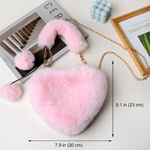 Rejolly Furry Purse for Girls Heart Shaped Fluffy Faux Fur Y2K Aesthetic Handbag for Women Soft Small Valentine's Day Shoulder Bag Light Pink