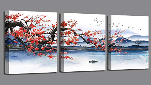 Canvas Art Wall Decor for Bedroom 3 Pieces Framed Wall Art Modern Wall Decor for Bathroom Mountain Lake Plum Blossom Theme Art Prints Modern Wall Art Artwork for Kitchen Home Walls 12x16 Each Panel