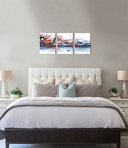 Canvas Art Wall Decor for Bedroom 3 Pieces Framed Wall Art Modern Wall Decor for Bathroom Mountain Lake Plum Blossom Theme Art Prints Modern Wall Art Artwork for Kitchen Home Walls 12x16 Each Panel