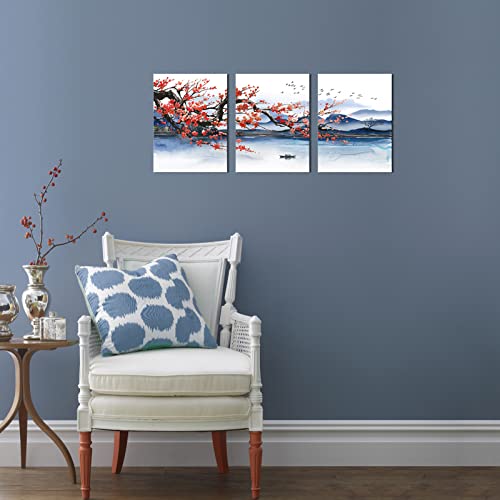 Canvas Art Wall Decor for Bedroom 3 Pieces Framed Wall Art Modern Wall Decor for Bathroom Mountain Lake Plum Blossom Theme Art Prints Modern Wall Art Artwork for Kitchen Home Walls 12x16 Each Panel