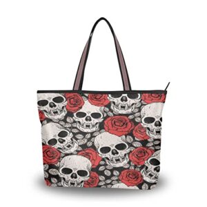 halloween skull tote purse with pockets and compartments,skull tote bag zippered