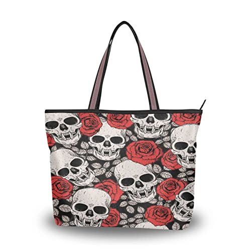 Halloween Skull Tote Purse with Pockets and Compartments,Skull Tote Bag Zippered