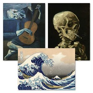 3 pack of posters: vincent van gogh skeleton + the old guitarist by pablo picasso + the great wave off kanagawa by katsushika hokusai – set of 3 fine art prints (laminated, 18″ x 24″)