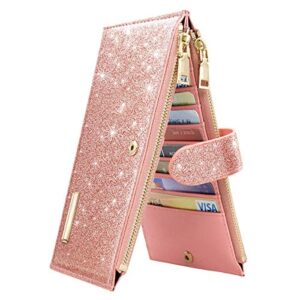 womens rfid blocking pink glitter leather multi card organizer bifold pink wallet with zipper pocket,rose gold