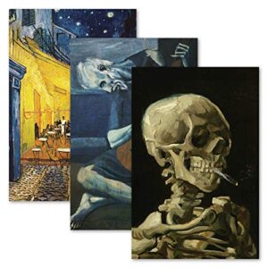 3 pack: vincent van gogh skeleton + cafe terrace at night + the old guitarist by pablo picasso poster set – set of 3 fine art prints (laminated, 18″ x 24″)