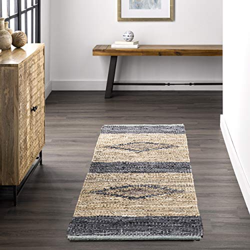 nuLOOM Farren Hand Woven Diamond Leather Runner Rug, 2' x 6', Grey