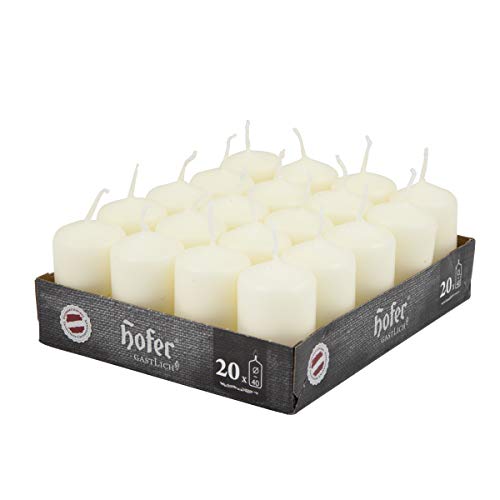 Hofer Ivory Pillar Candles - Set of 20 Unscented Small Candles in Bulk - 1.57 x 2.76 Inch - 11 Hours Long Burning Decorative Candles - Dripless Wax - Smokeless Wick - RAL Quality - Made in Austria