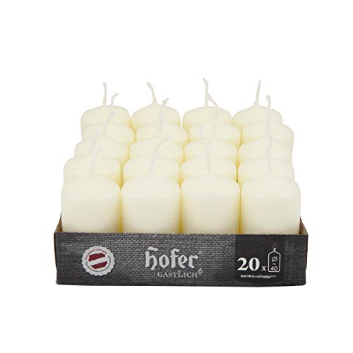 Hofer Ivory Pillar Candles - Set of 20 Unscented Small Candles in Bulk - 1.57 x 2.76 Inch - 11 Hours Long Burning Decorative Candles - Dripless Wax - Smokeless Wick - RAL Quality - Made in Austria